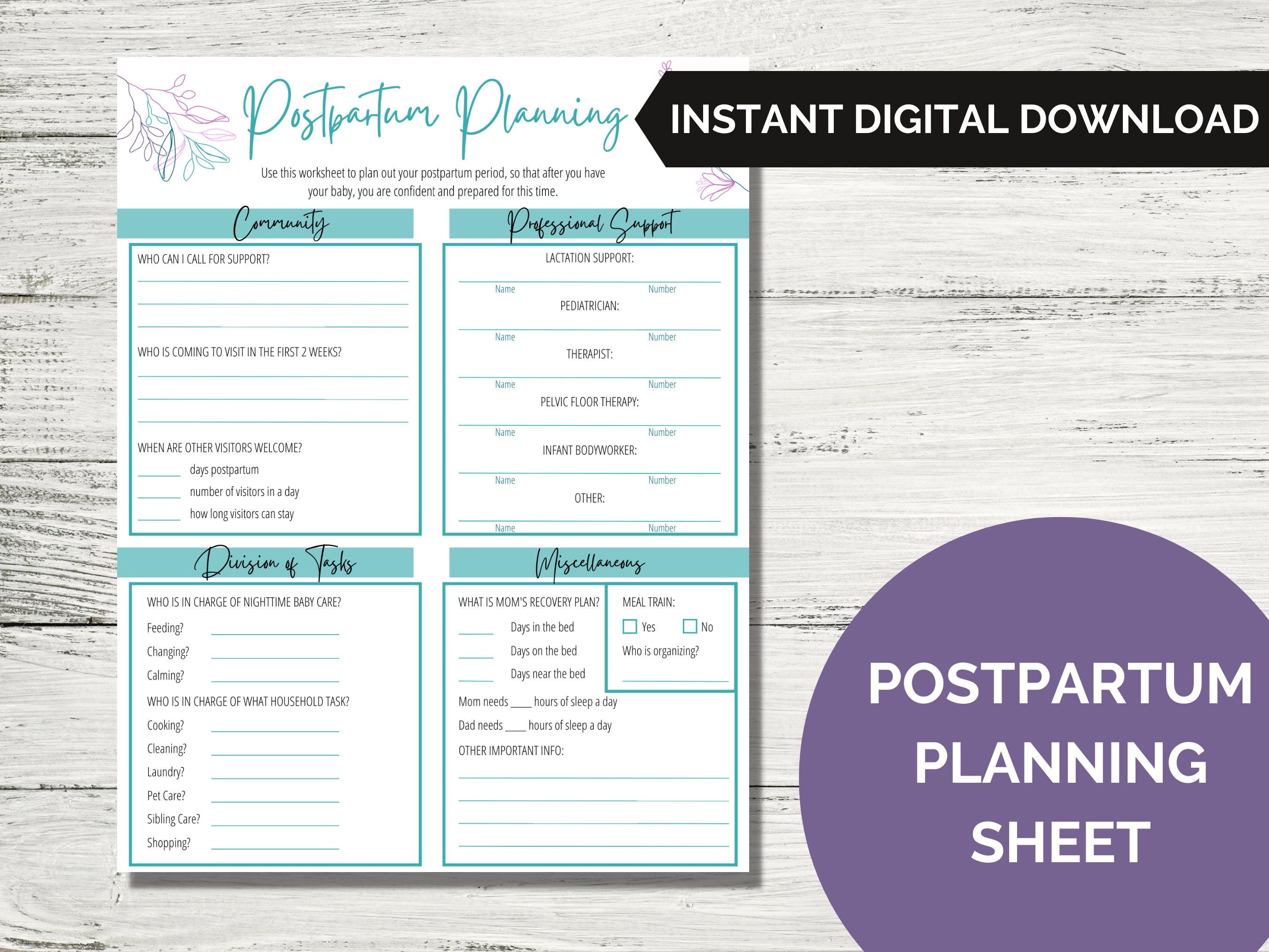 Postpartum Planning Worksheet | Postpartum Checklist | Printable PDF ...