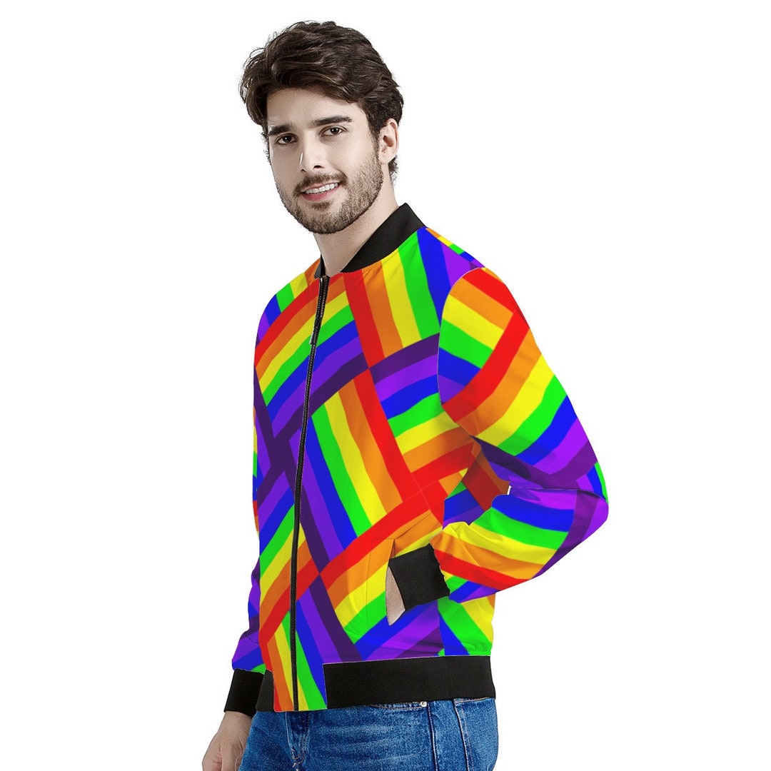 Vibrant Rainbow Weave Bomber Jacket for Men - LGBTQ+ Pride Fashion ...