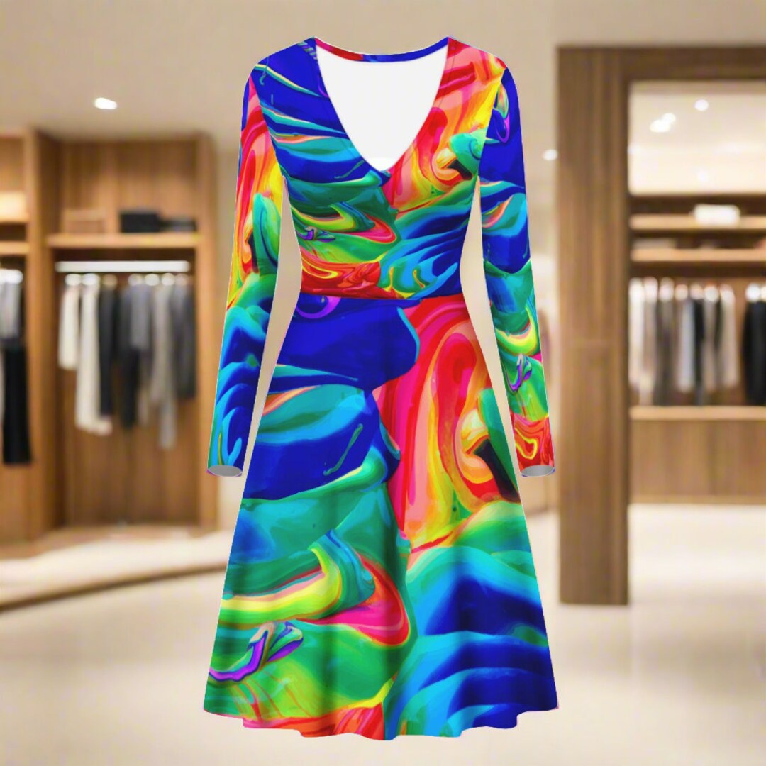 Vibrant Rainbow Confusion V-neck Ruffle Dress - Long Sleeve Festival ...