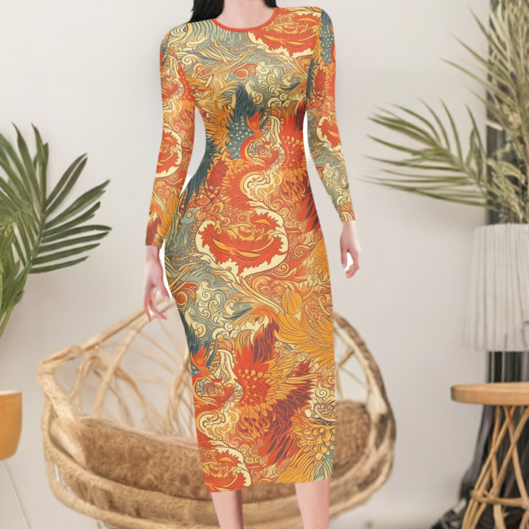 Elegant Chinese Mythology Dragon Phoenix Bodycon Midi Sheath Dress for ...