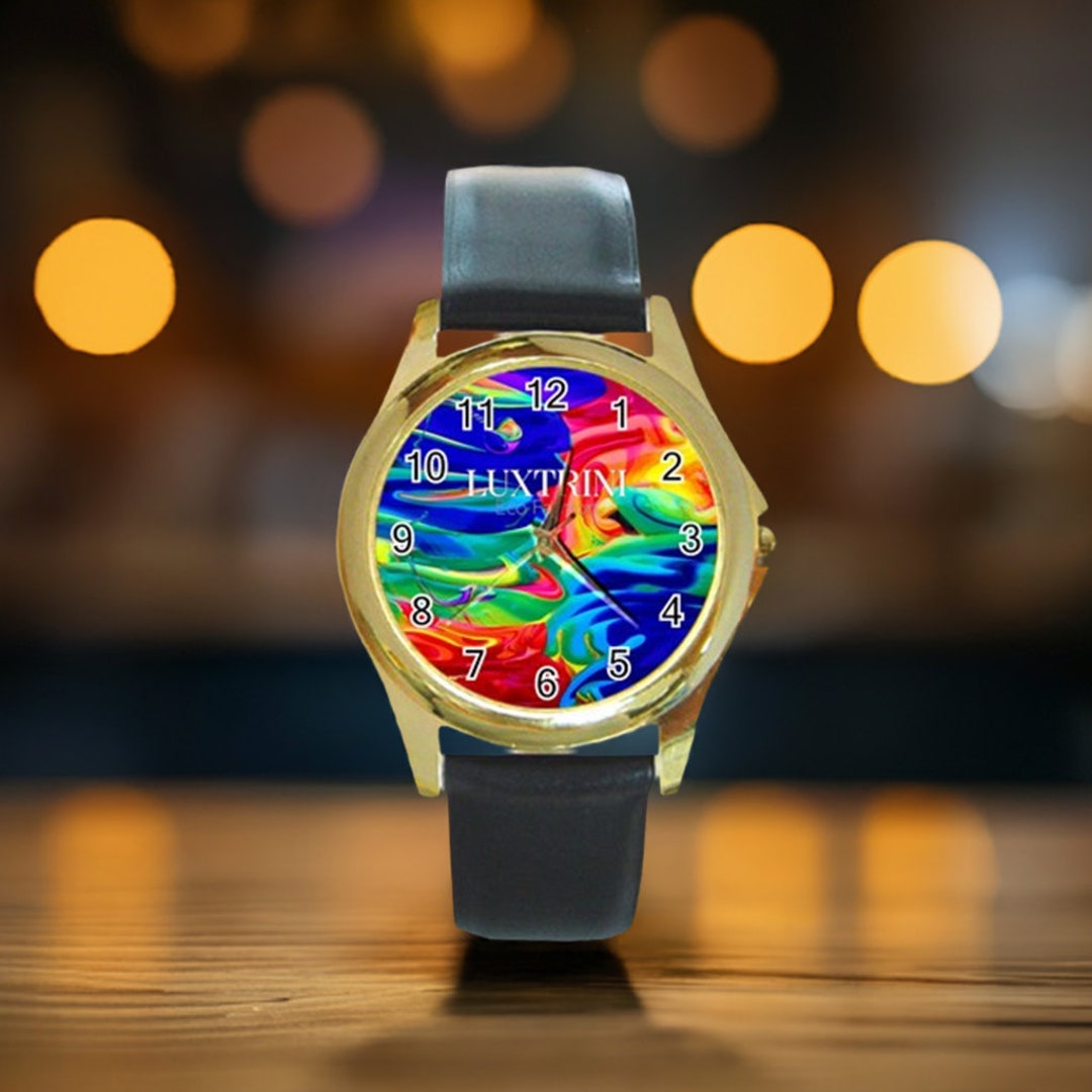 Vibrant Rainbow Confusion Gold Metal Round Watch: Unisex Designer Wrist ...