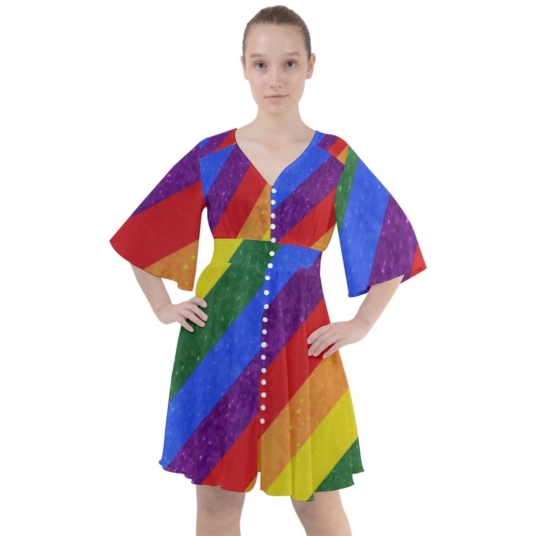 Vibrant Rainbow LGBTQ Pride Boho Button-up Dress - Colorful Flowy Split ...