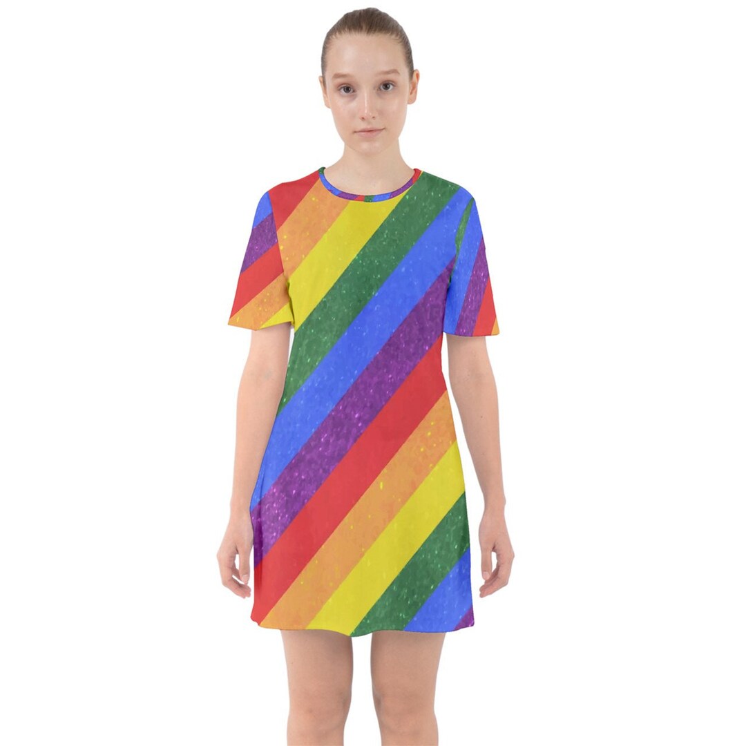 Retro Rainbow Pride Mini Dress - LGBTQ+ 60s Style Short Sleeve Outfit ...