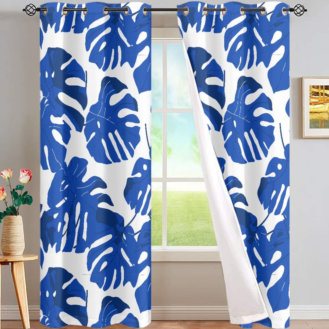 Blue Tropical Leaf Pattern Window Curtains, Monstera Leaf Drapes for ...