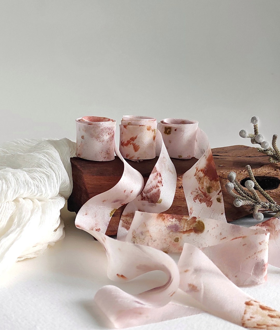 Set of Plant Dyed Habotai Silk Ribbon, Raw Edge Ribbon With Leaf and ...
