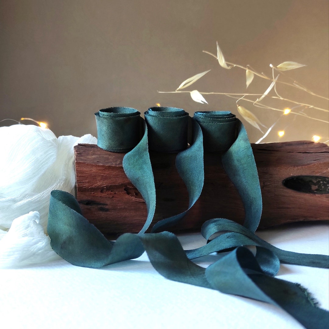 Set of Green Organic Silk Ribbon Botanical Print, Natural Silk Thin ...