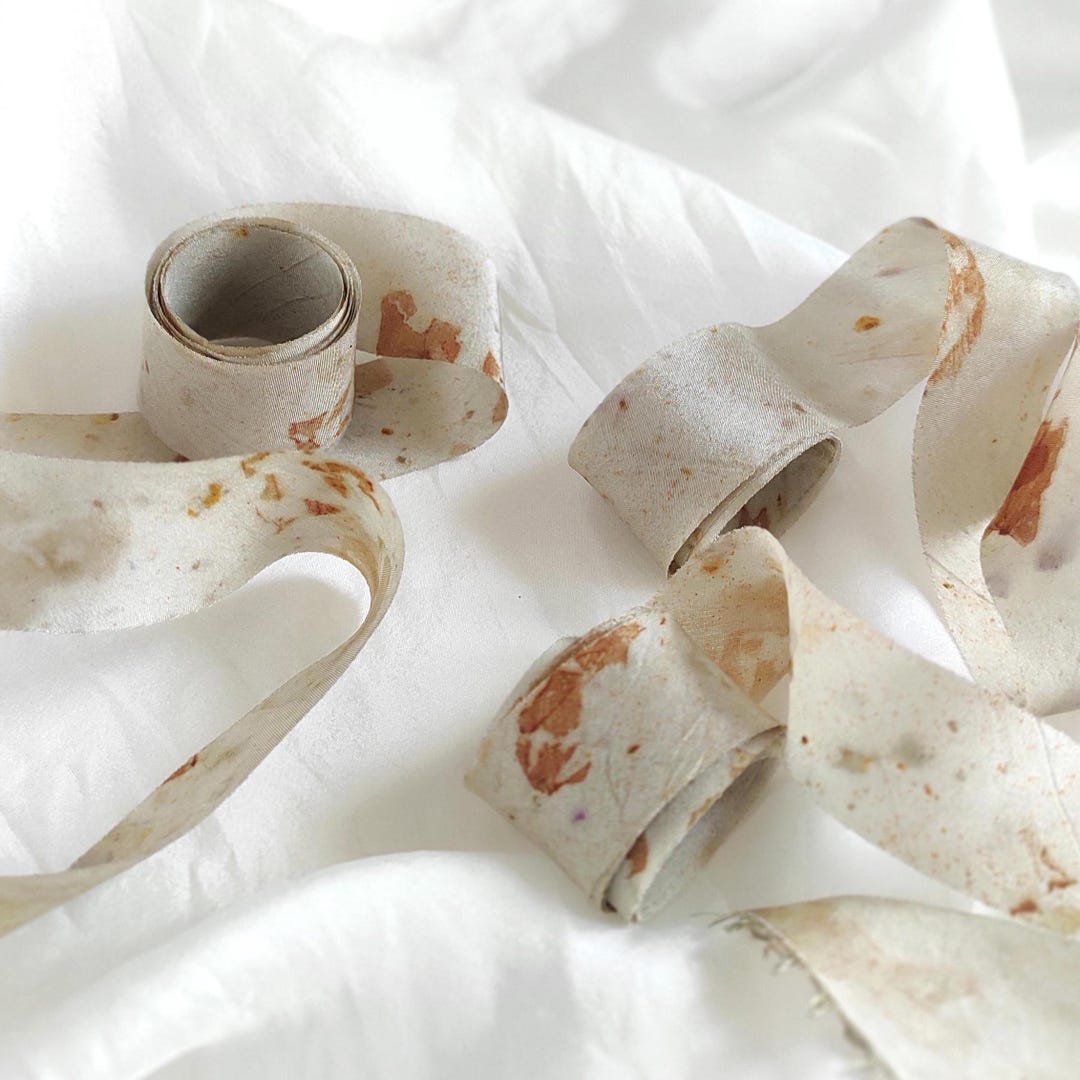 Silk Ribbon Botanical Print, Classic Thin Silk Ribbon in Brown Tones ...