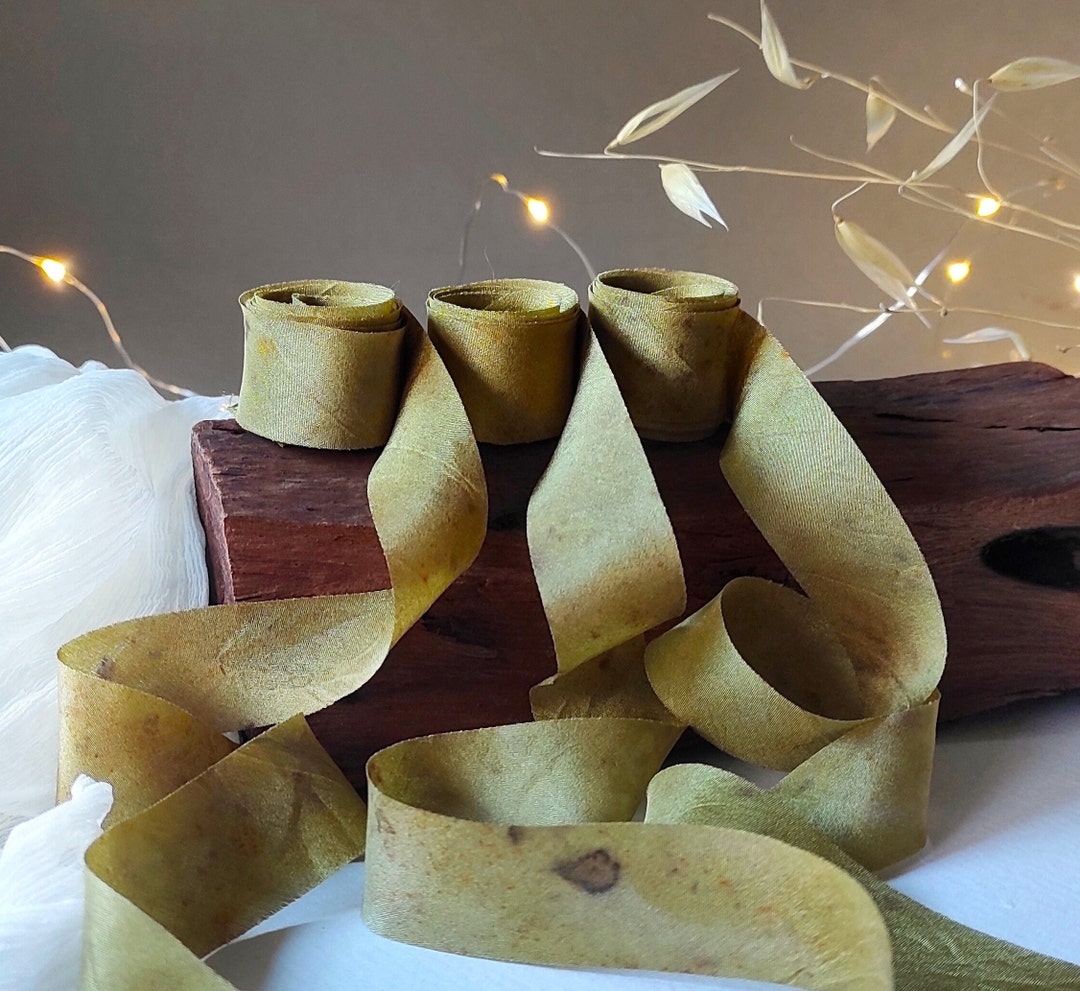 Set of Three Mulberry Silk Ribbons in Ochre Tones, Plant Print Silk ...