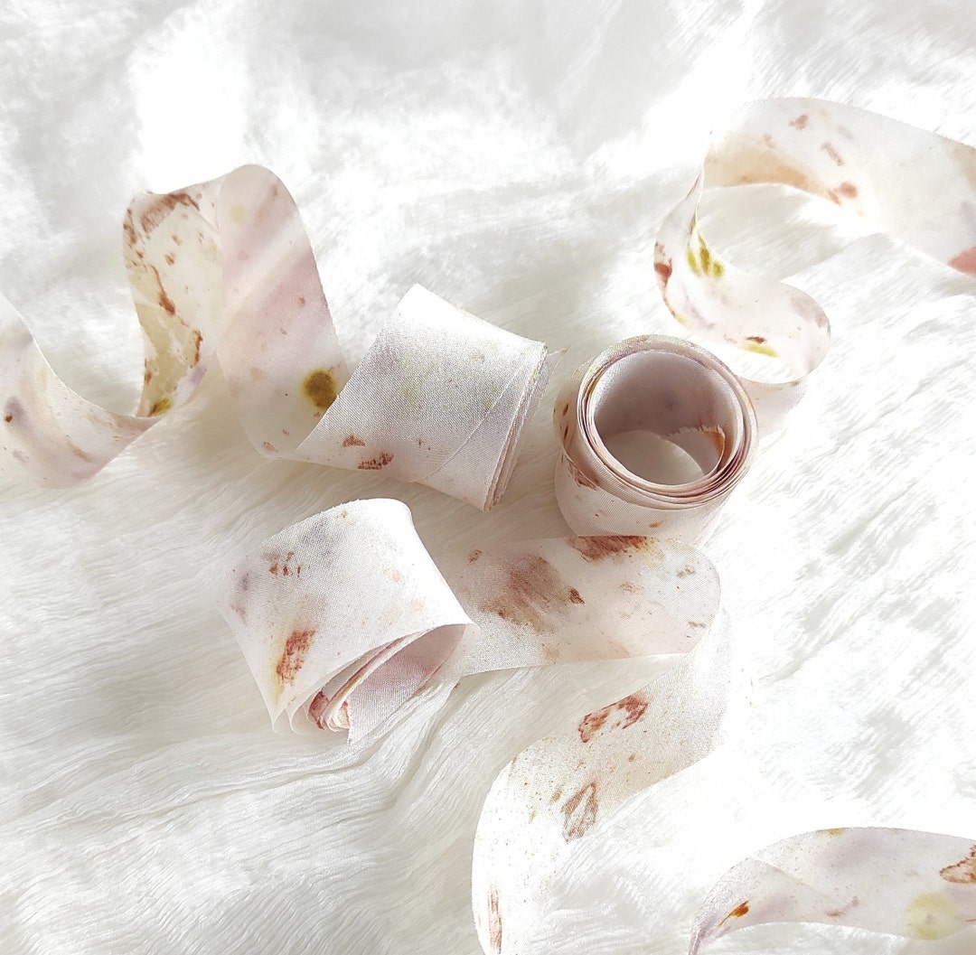 Silk Ribbon With Botanical Print in Color Neutral, Plant Dyed Silk ...