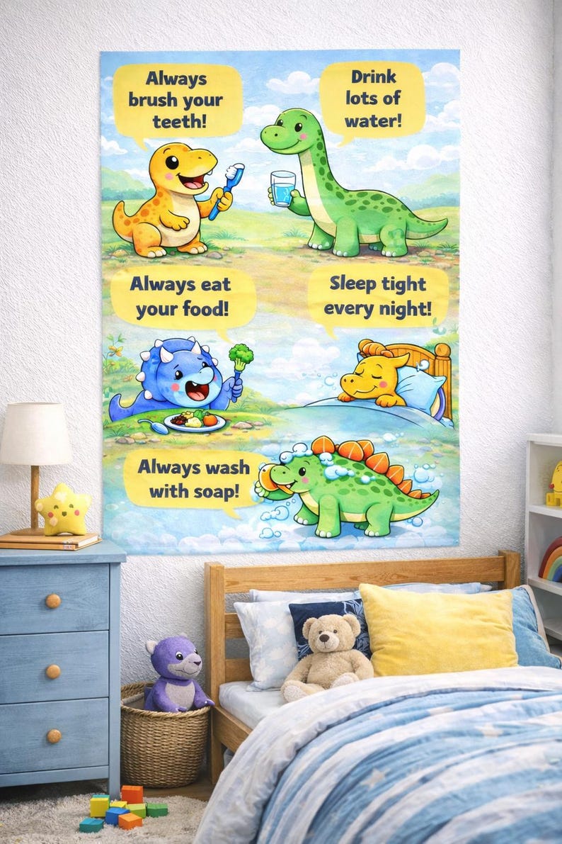 Dinosaur Daily Habits Wall Art, Kids Routine Poster, Brush Teeth Eat ...