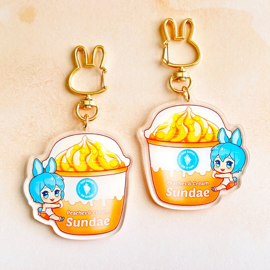 Peaches & Cream Sundae Bunny Boy Keychain / Acrylic Charm, Original ...