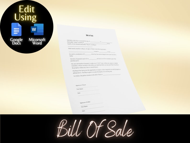 Bill of Sale Business Template Edit With Microsoft Word or - Etsy