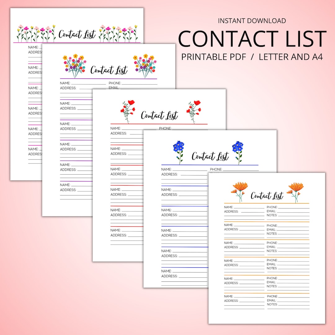 Printable Contact List, Address Book Template, Floral Contacts Log ...