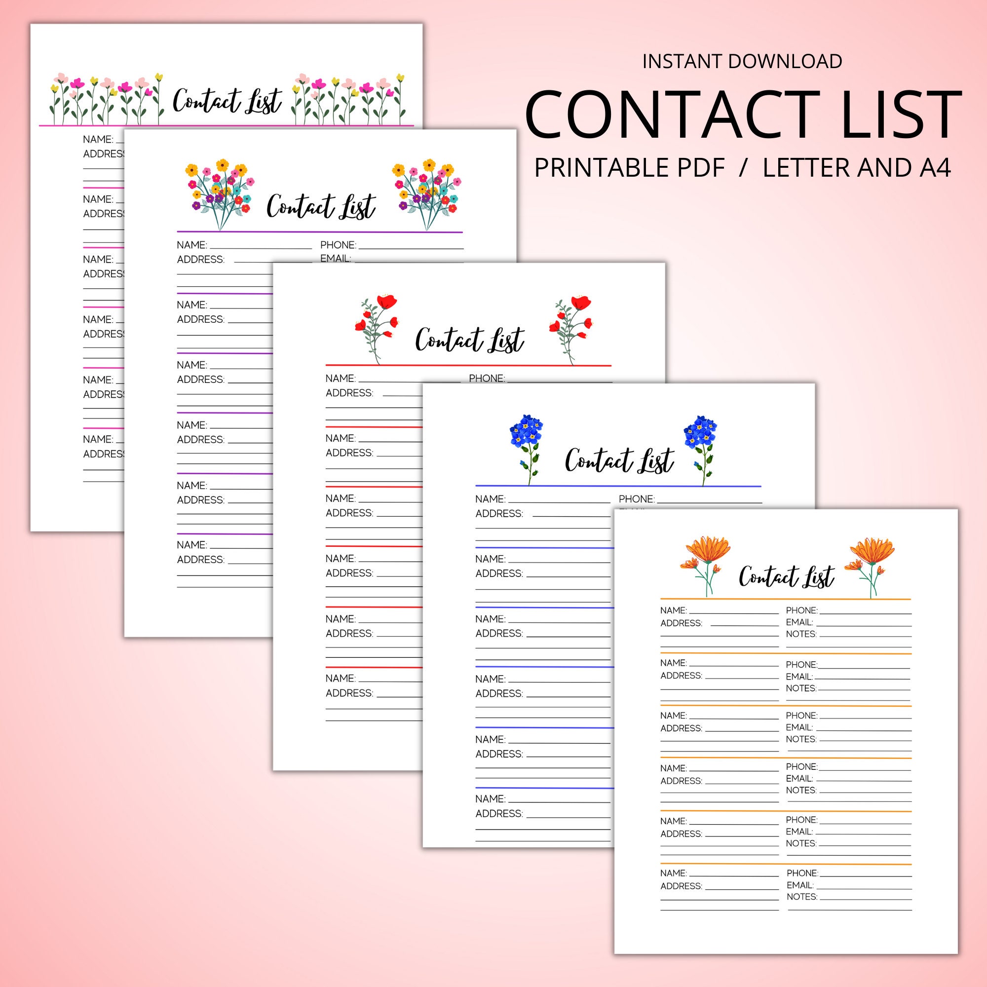 Printable Contact List, Address Book Template, Floral Contacts Log ...