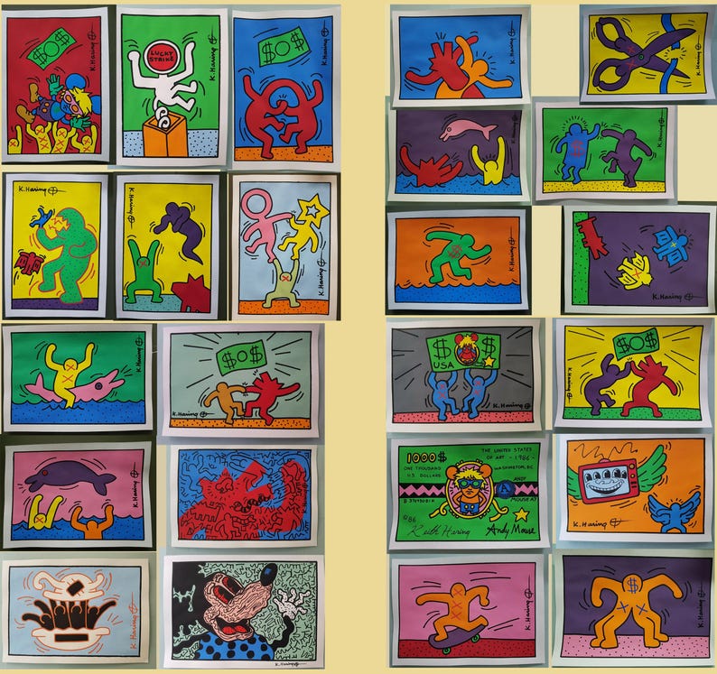 72 LOT Keith Haring Drawing. Watercolor on Paper. Pop Art. Handmade ...