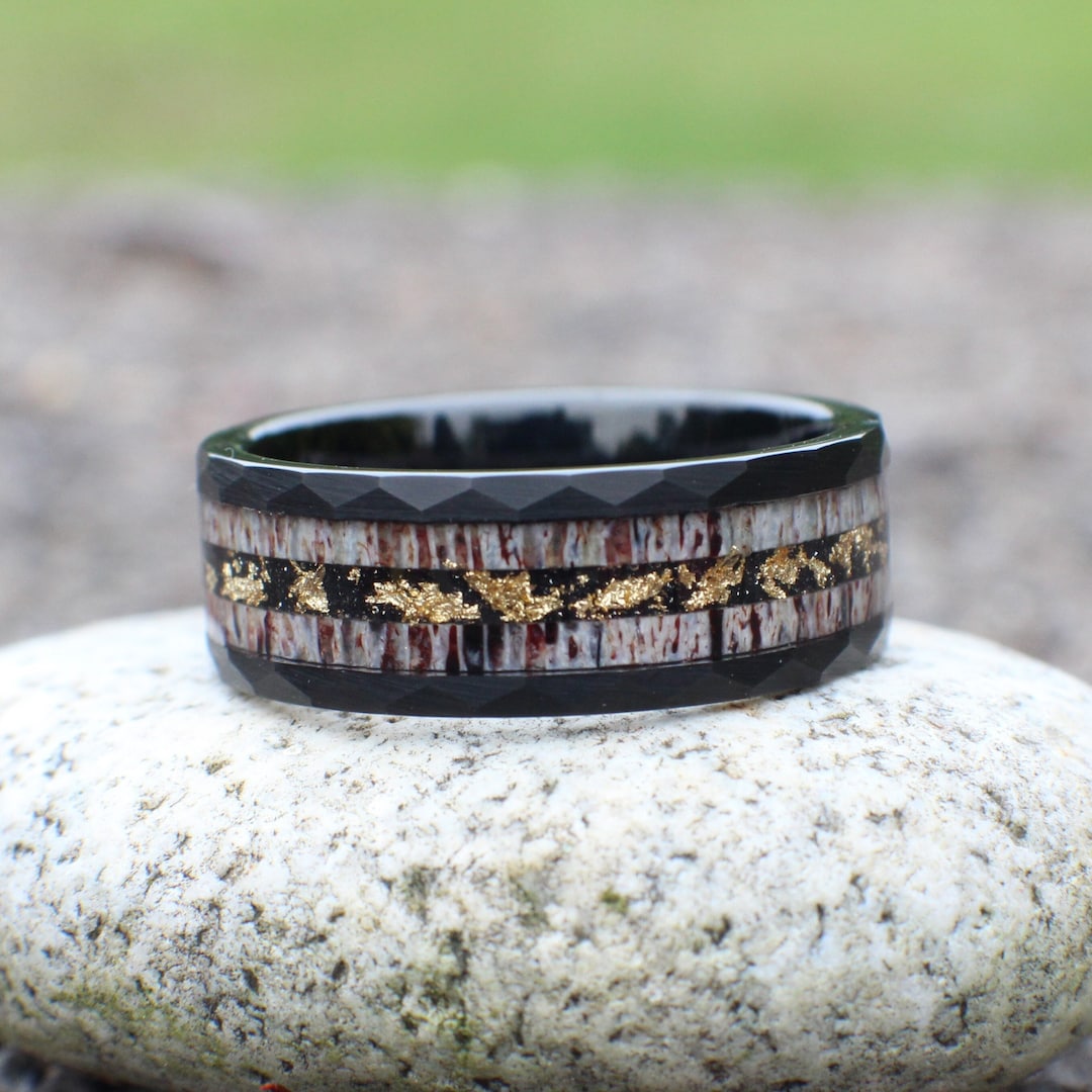 Elk Antler Ring With Gold Leaf, Hammered Wedding Ring, Elk Antler ...