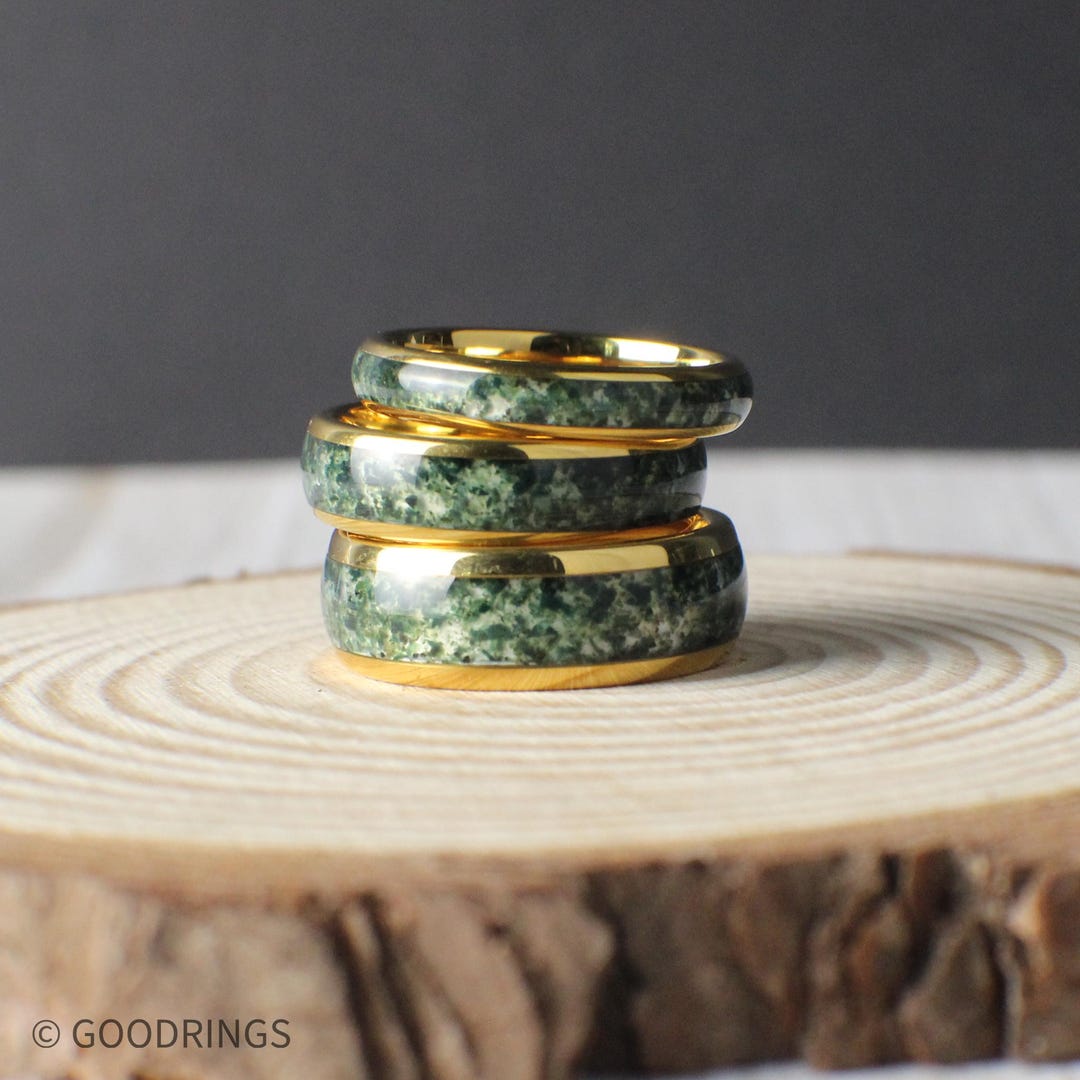 Moss Agate Gold Ring, Matching Couple's Rings, Moss Agate Wedding Rings ...
