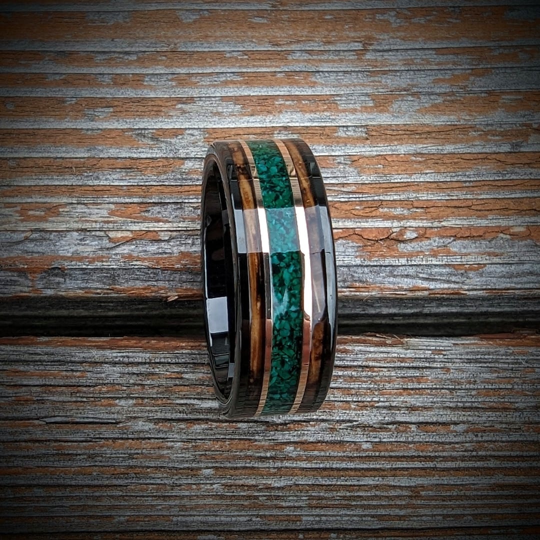Malachite Ring With Burnt Whiskey Barrel Wood, Whiskey Barrel Wedding ...
