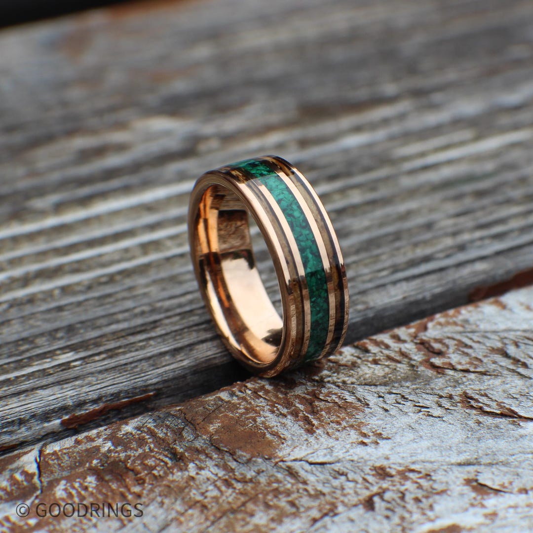 Charred Whiskey Barrel Ring With Malachite, Malachite Ring, Malachite ...