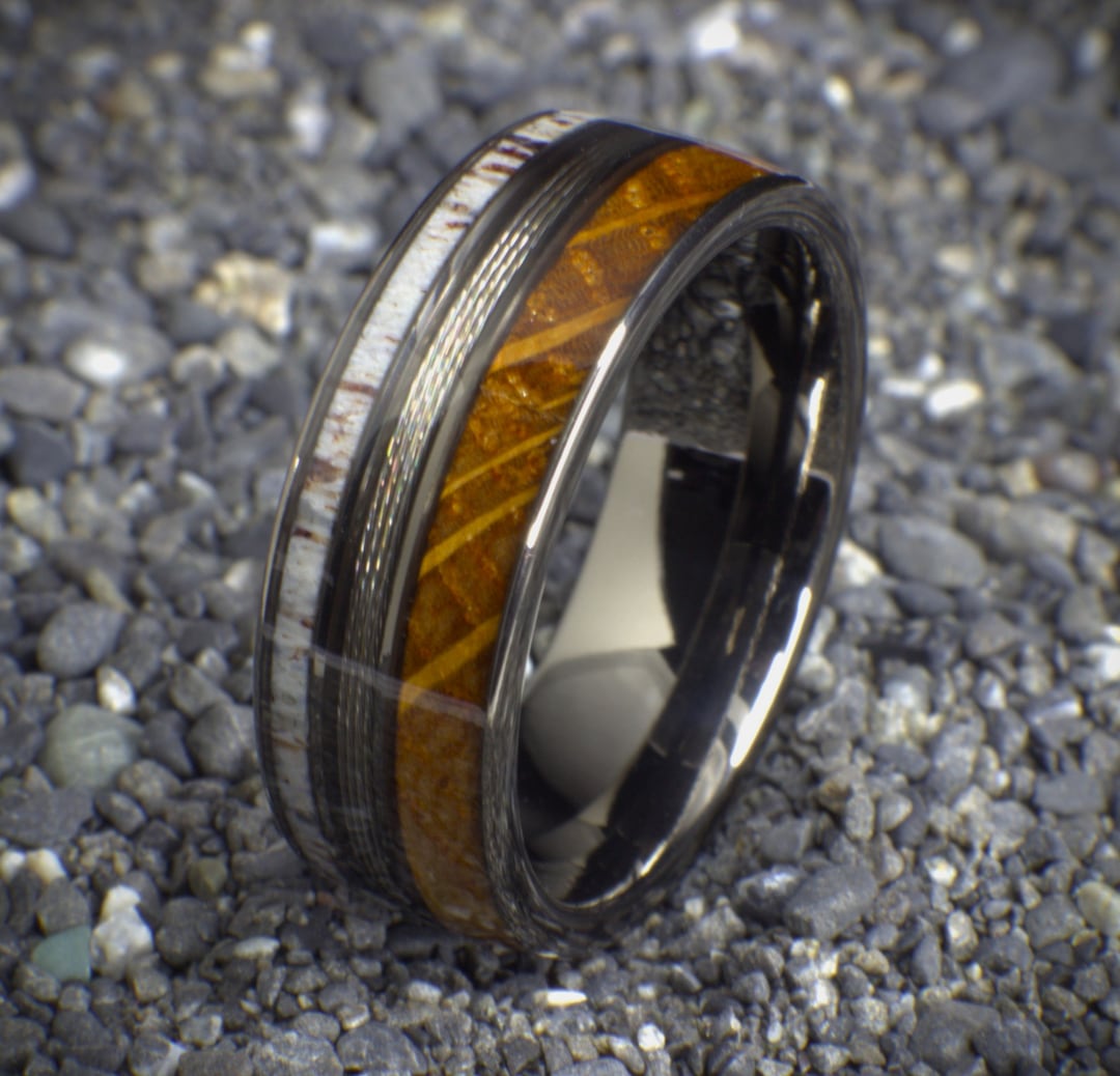 Mens Wedding Band, Whiskey Barrel Wedding Ring With Silver Fishing Line ...