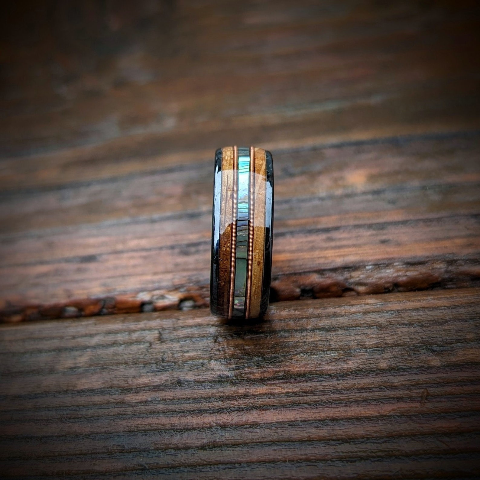 Abalone Shell Ring With Whiskey Barrel and Guitar String, Whiskey ...