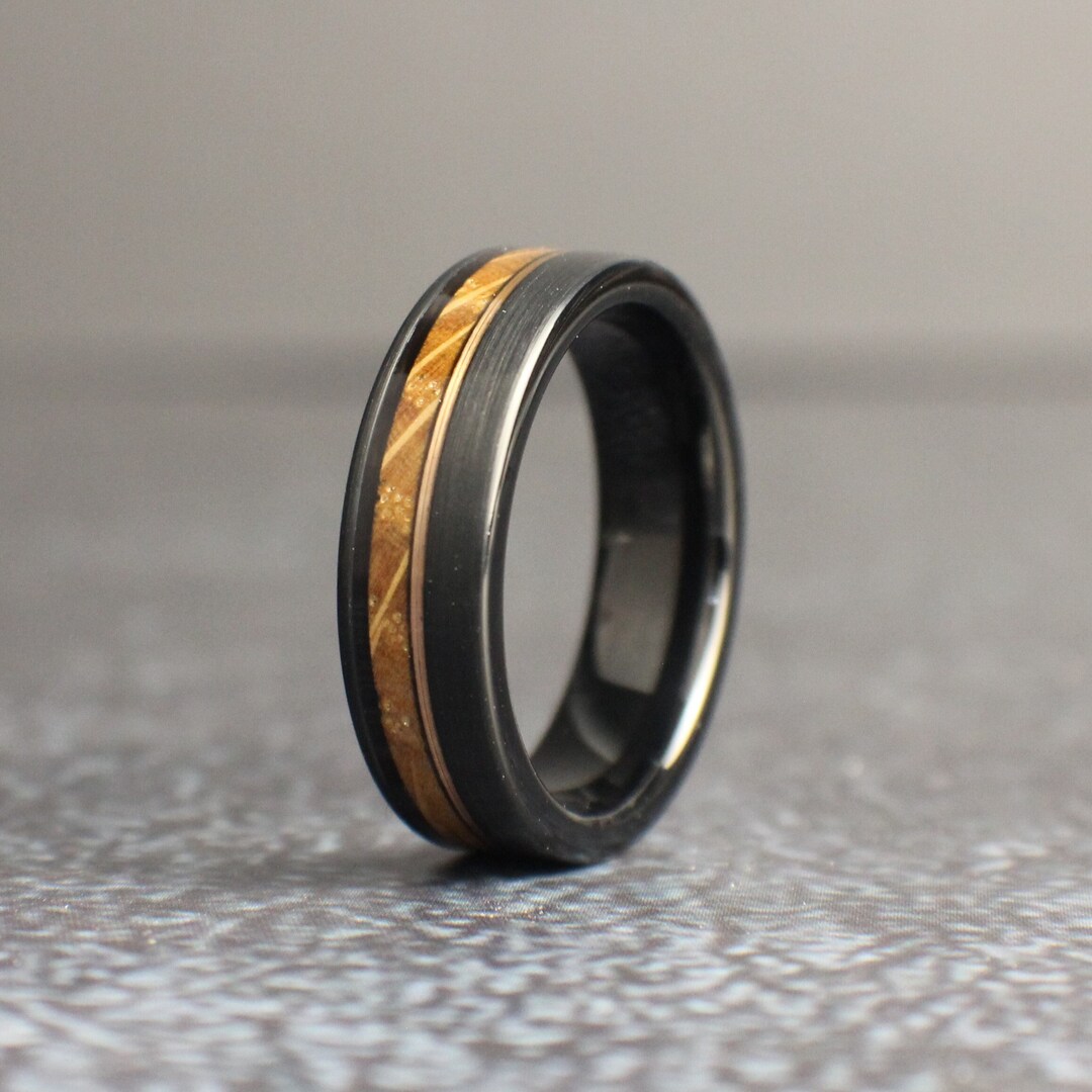 Whiskey Wood Ring, Skinny Ring for Men, Men's Wedding Band, Rose Gold ...