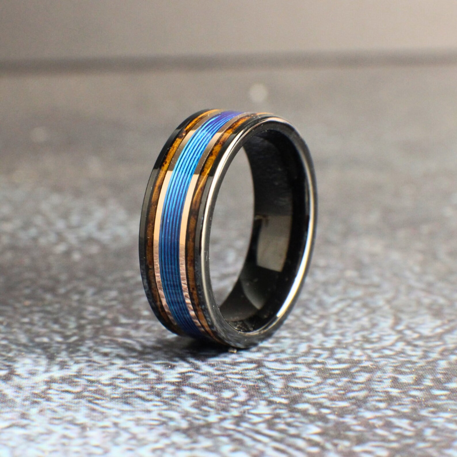 Fishing Line Wedding Band, Blue Fishing Ring, Burnt Whiskey Barrel ...