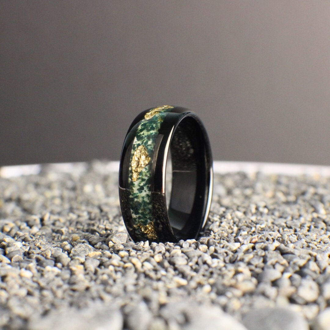 Moss Agate Men's Wedding Band, Moss Agate Ring, Gold and Green Ring ...