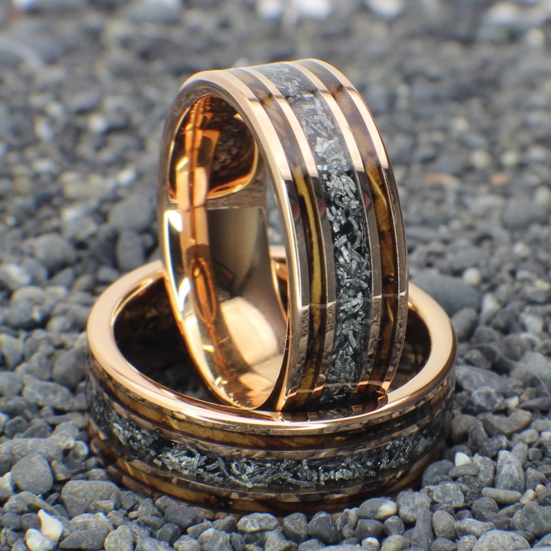 Mens Wedding Band With Burnt Whiskey Barrel and Meteorite, Meteorite ...