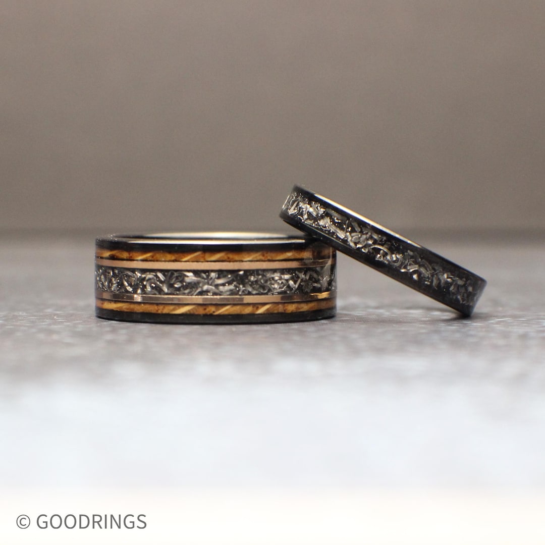 Couples Wedding Ring Set Black Tungsten Meteorite Whiskey Barrel His ...