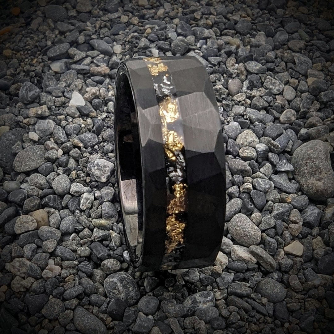 Meteorite Wedding Band With Gold, Gold Leaf Ring, Men's Meteorite Ring ...