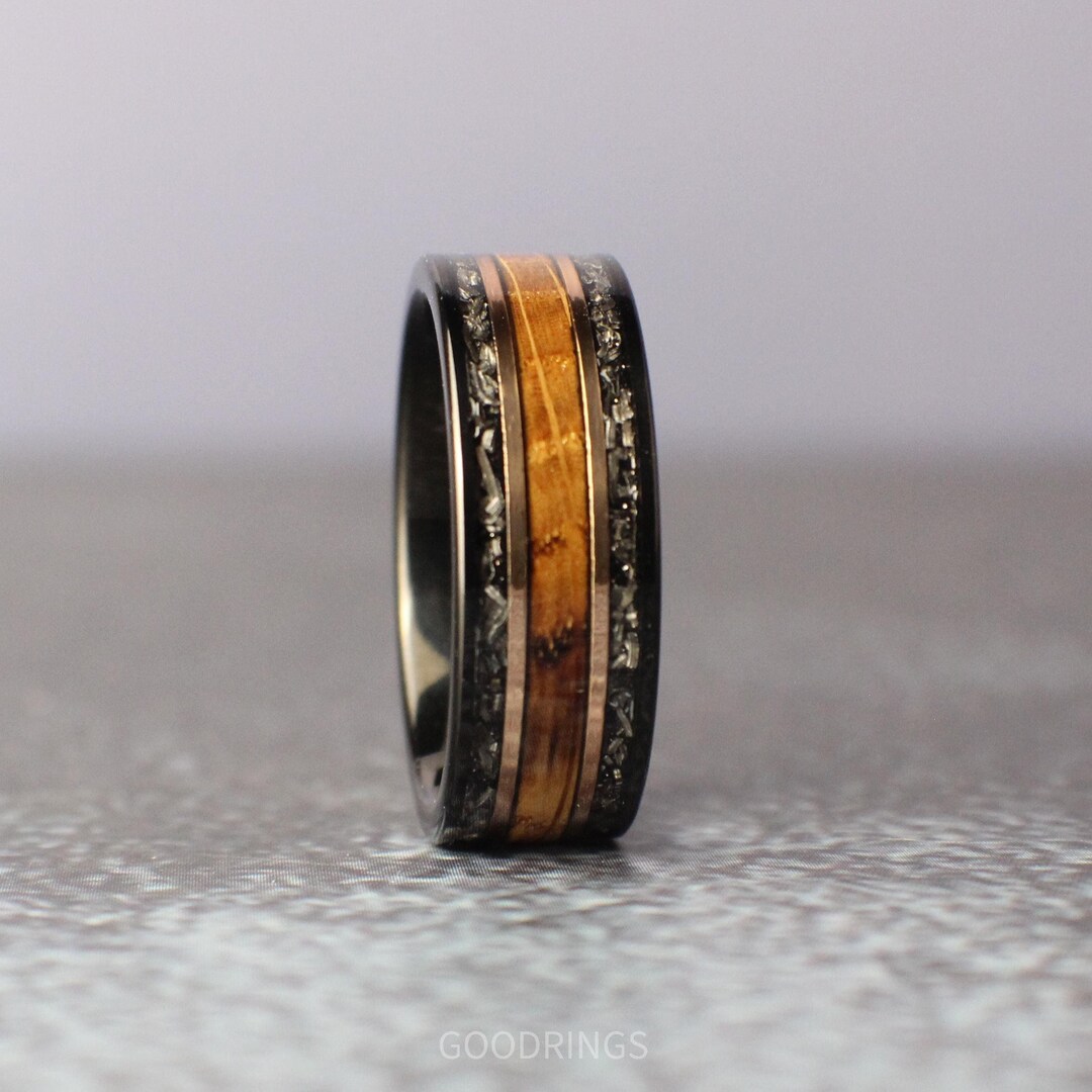 Meteorite Ring With Burnt Whiskey Barrel, Whiskey Barrel Ring, Wooden ...