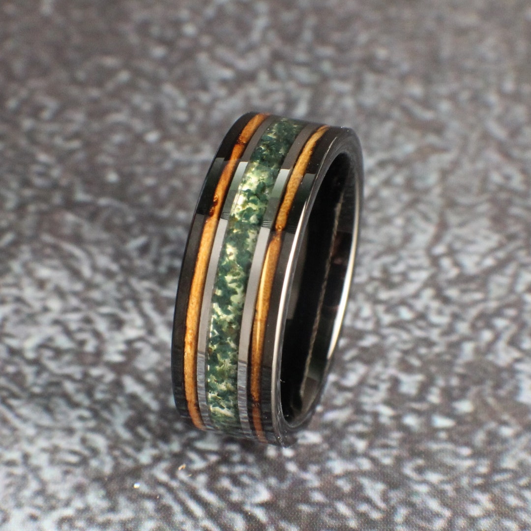 Moss Agate Men's Wedding Band With Silver Lines, Silver Wedding Band ...