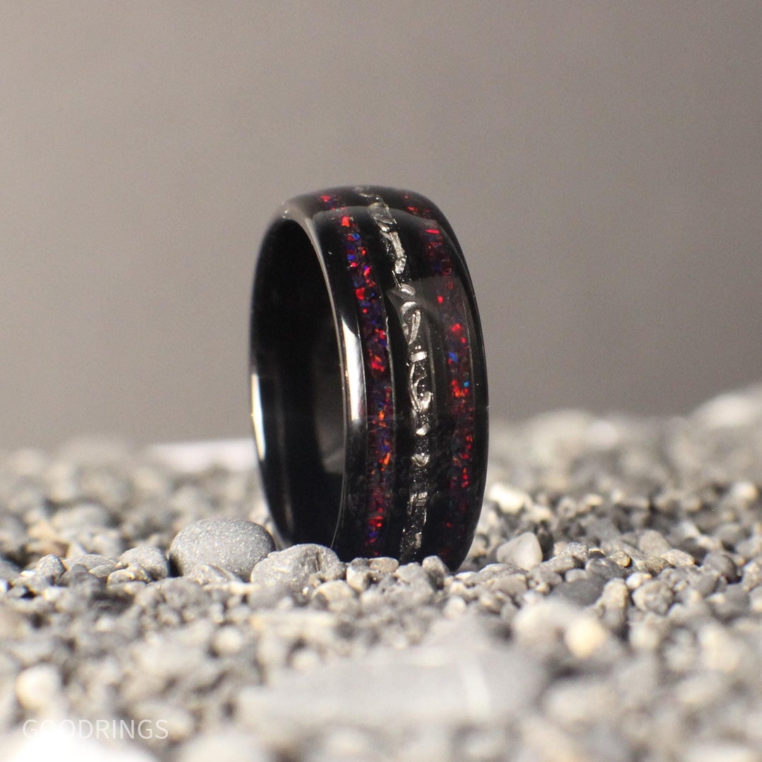 Meteorite Ring With Fire Opals, Men's Meteorite Wedding Band, Men's ...