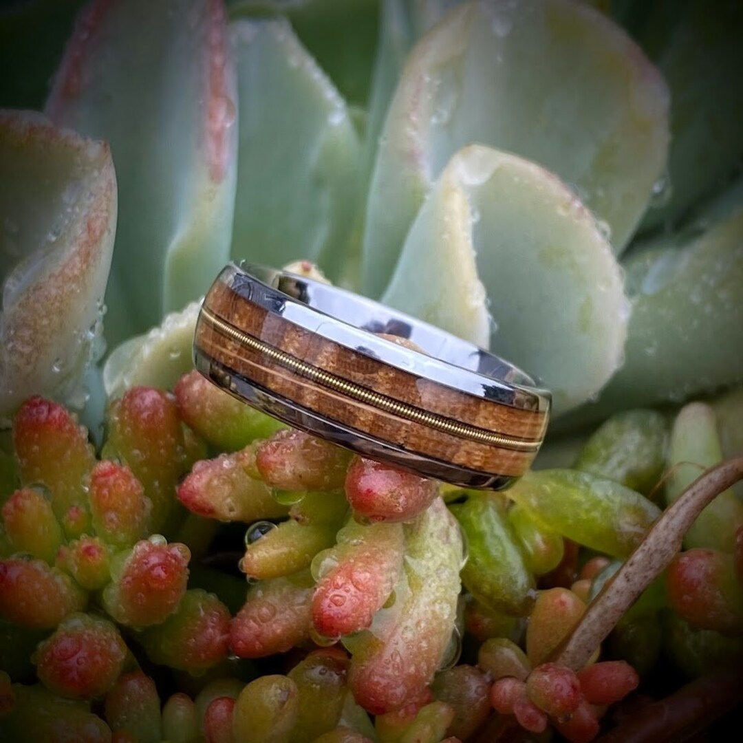 Guitar String and Whiskey Barrel Wedding Ring, Musician Ring, Wooden ...