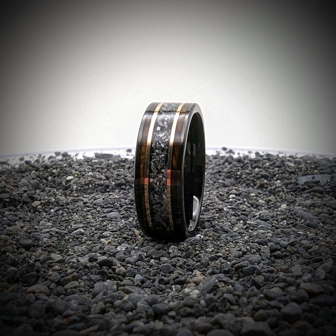 Burnt Whiskey Barrel Ring With Meteorite Meteorite Wedding - Etsy
