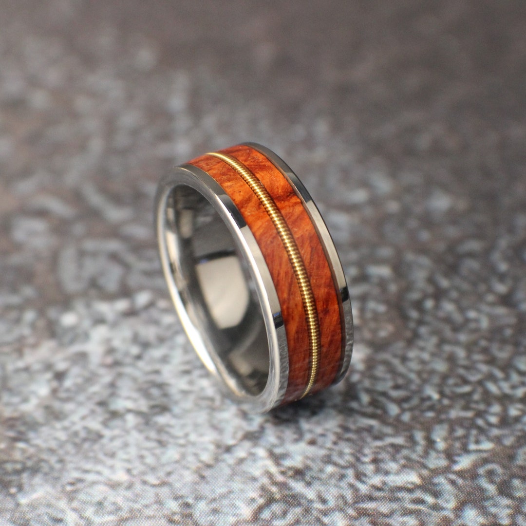 Redwood Ring With Guitar String, Redwood Burl Wedding Band, Guitar ...