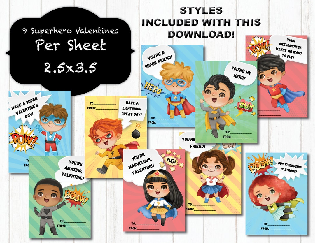 Superhero Valentine Cards for Kids, Printable Valentines, 9 Styles ...