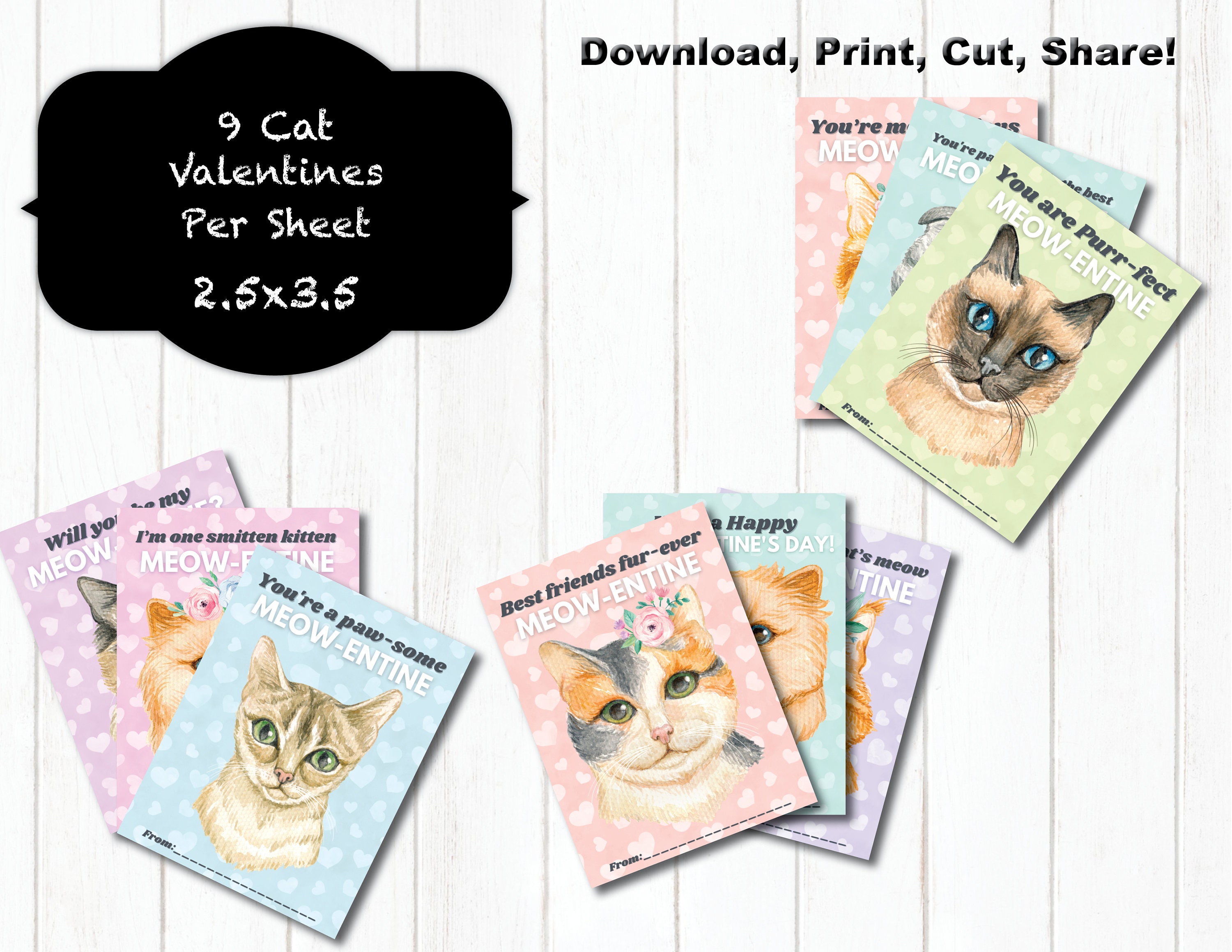 Cat Valentine Cards for Kids, Printable Valentines, 9 Styles, Cute Meow ...
