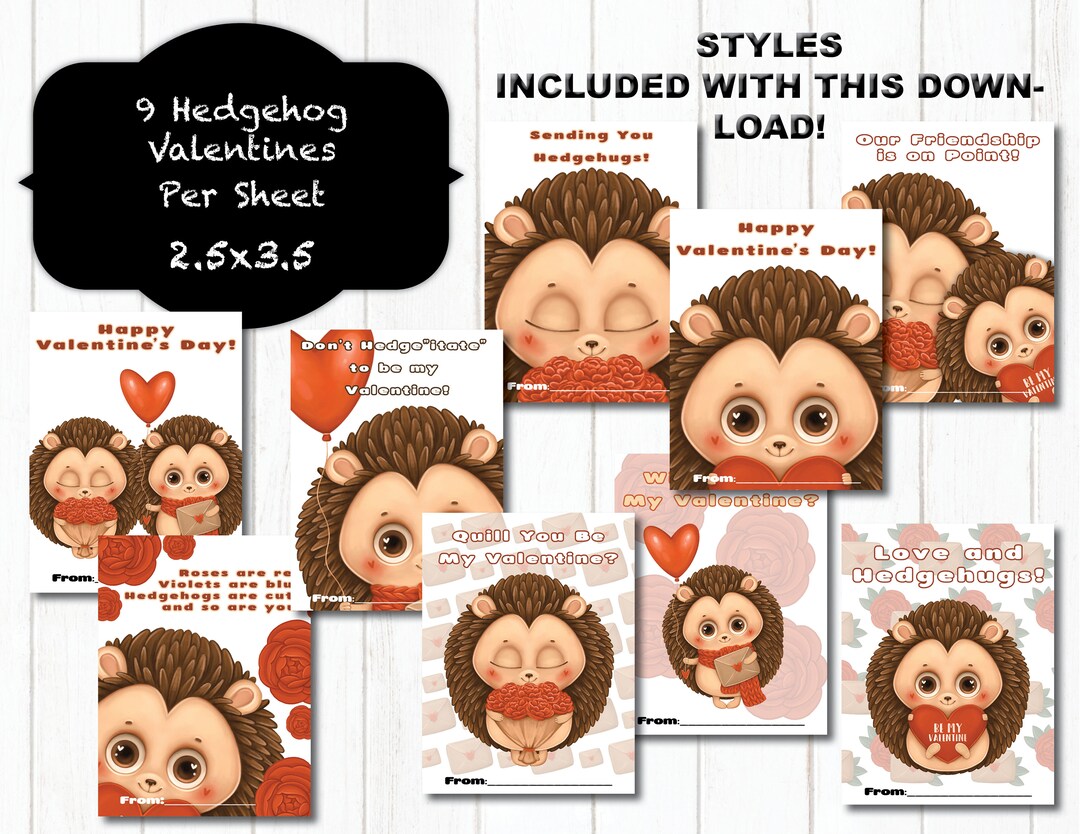 Hedgehog Valentine Cards for Kids, Printable Valentines, 9 Styles, Cute ...