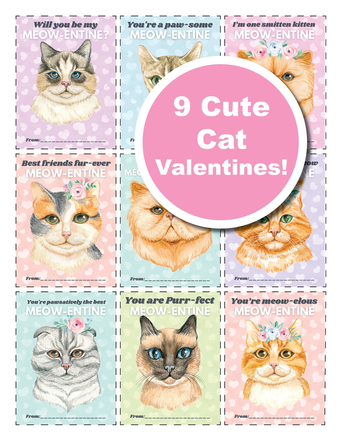 Cat Valentine Cards for Kids, Printable Valentines, 9 Styles, Cute Meow ...