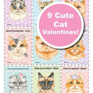 Cat Valentine Cards for Kids, Printable Valentines, 9 Styles, Cute Meow ...