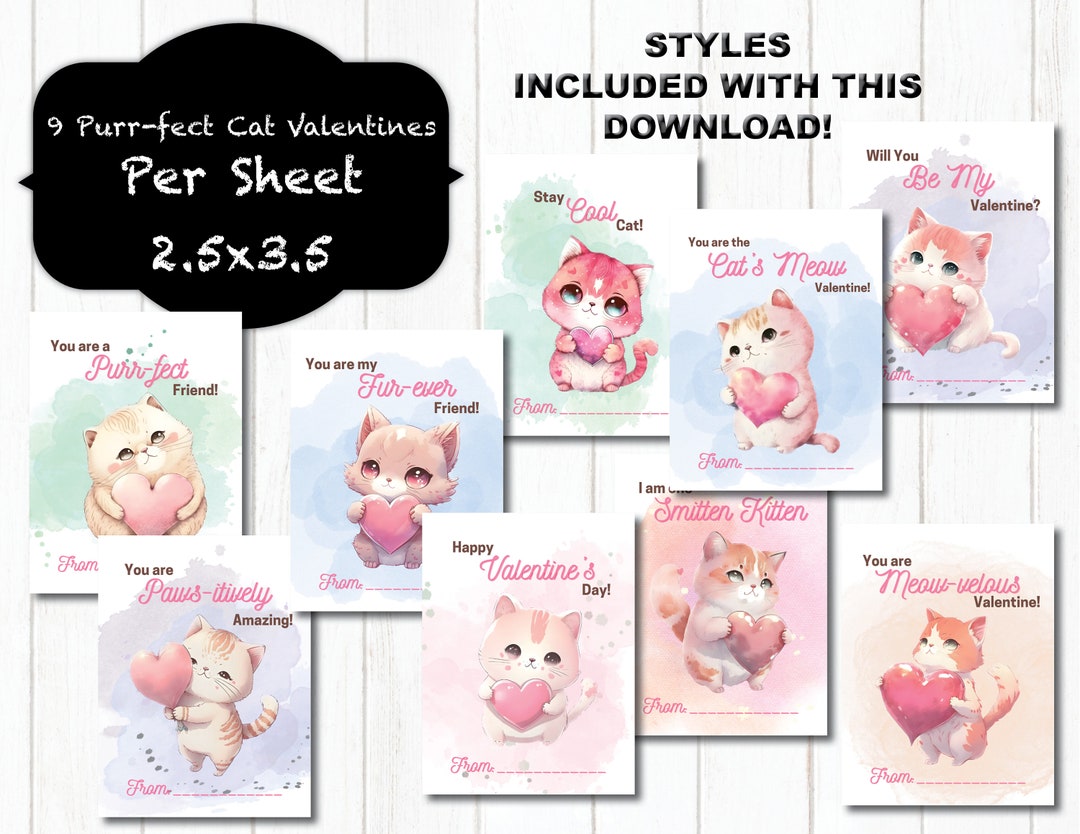 Cat Valentine Cards for Kids, Printable Valentines, 9 Styles, Cute ...