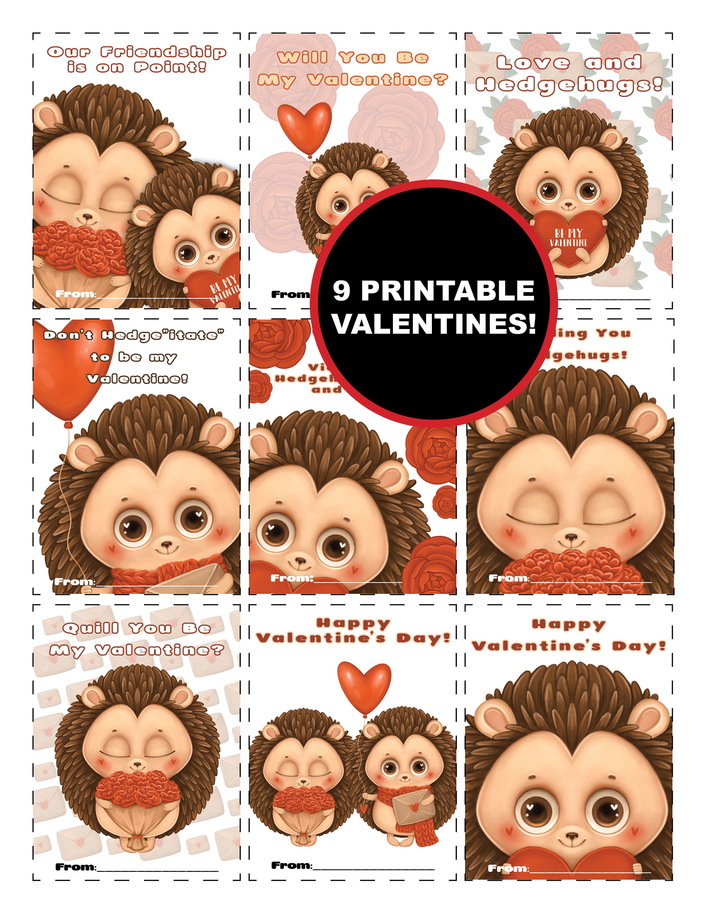 Hedgehog Valentine Cards for Kids, Printable Valentines, 9 Styles, Cute ...