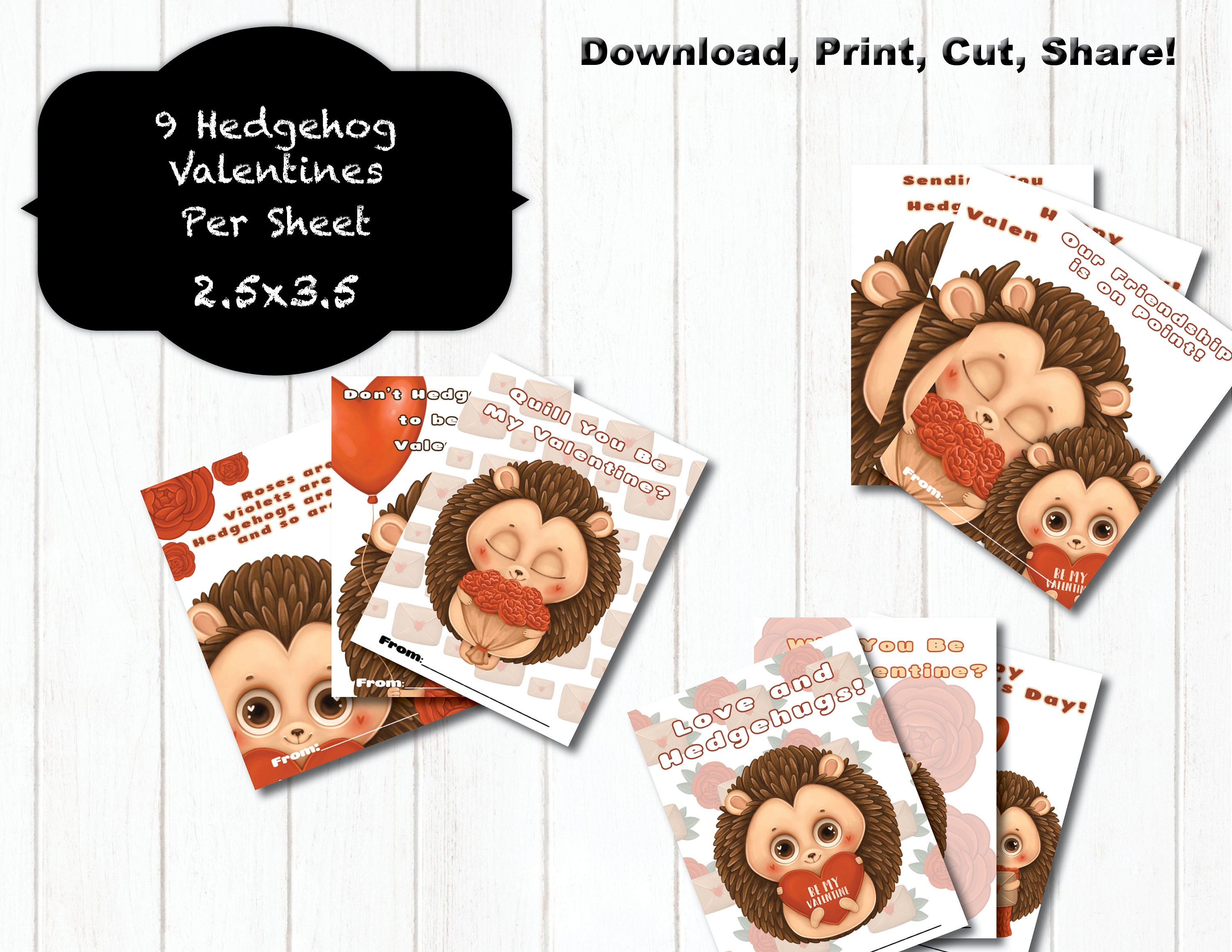 Hedgehog Valentine Cards for Kids, Printable Valentines, 9 Styles, Cute ...