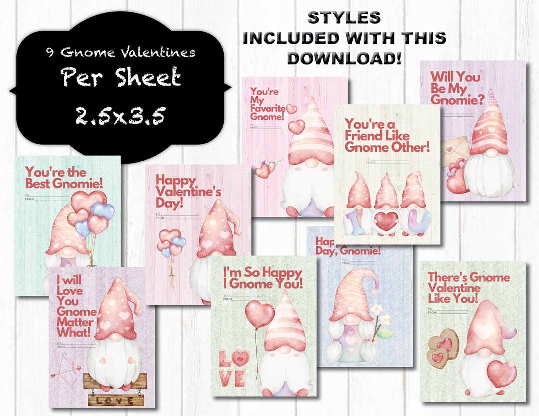 Gnome Valentine Cards for Kids, Printable Valentines, 9 Styles, Cute ...