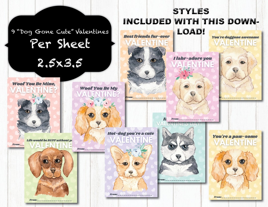 Dog Valentine Cards for Kids, Printable Valentines, 9 Styles, Cute ...
