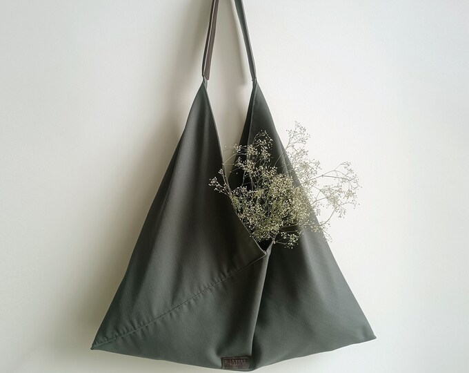 Boho Origami Bag With Leather Handle in Dark Sage Green, Handmade ...