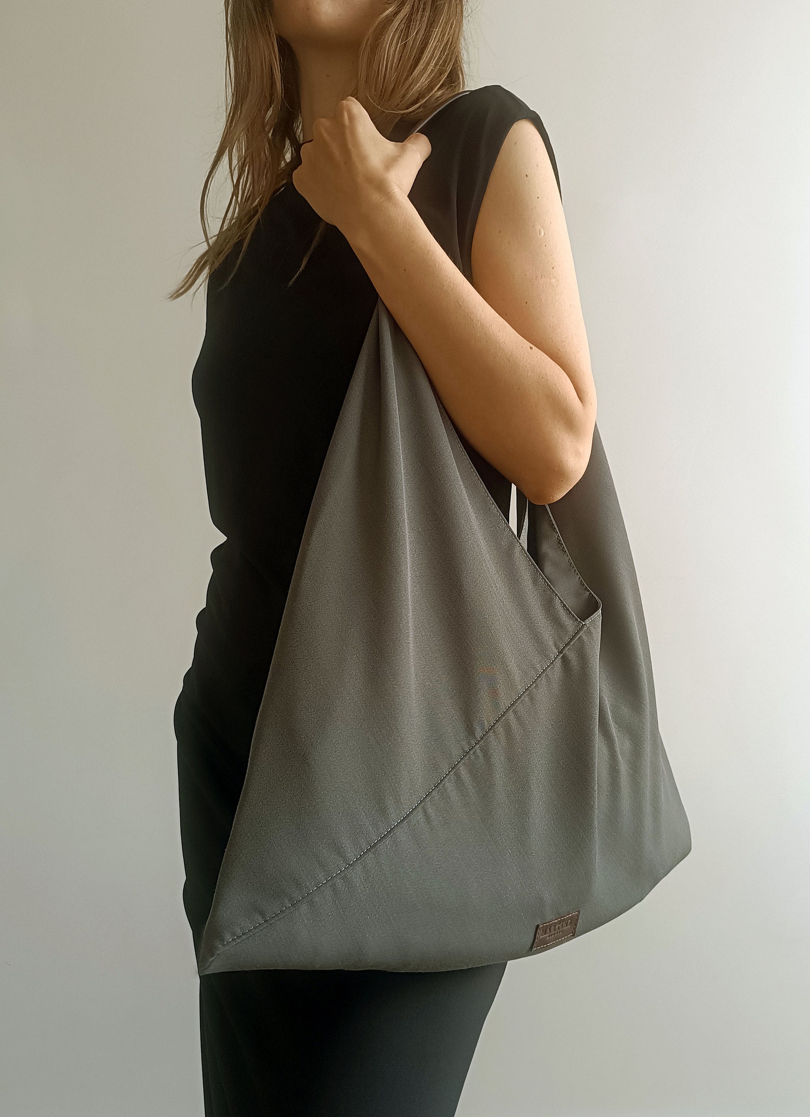 Boho Origami Bag With Leather Handle in Dark Sage Green, Handmade ...