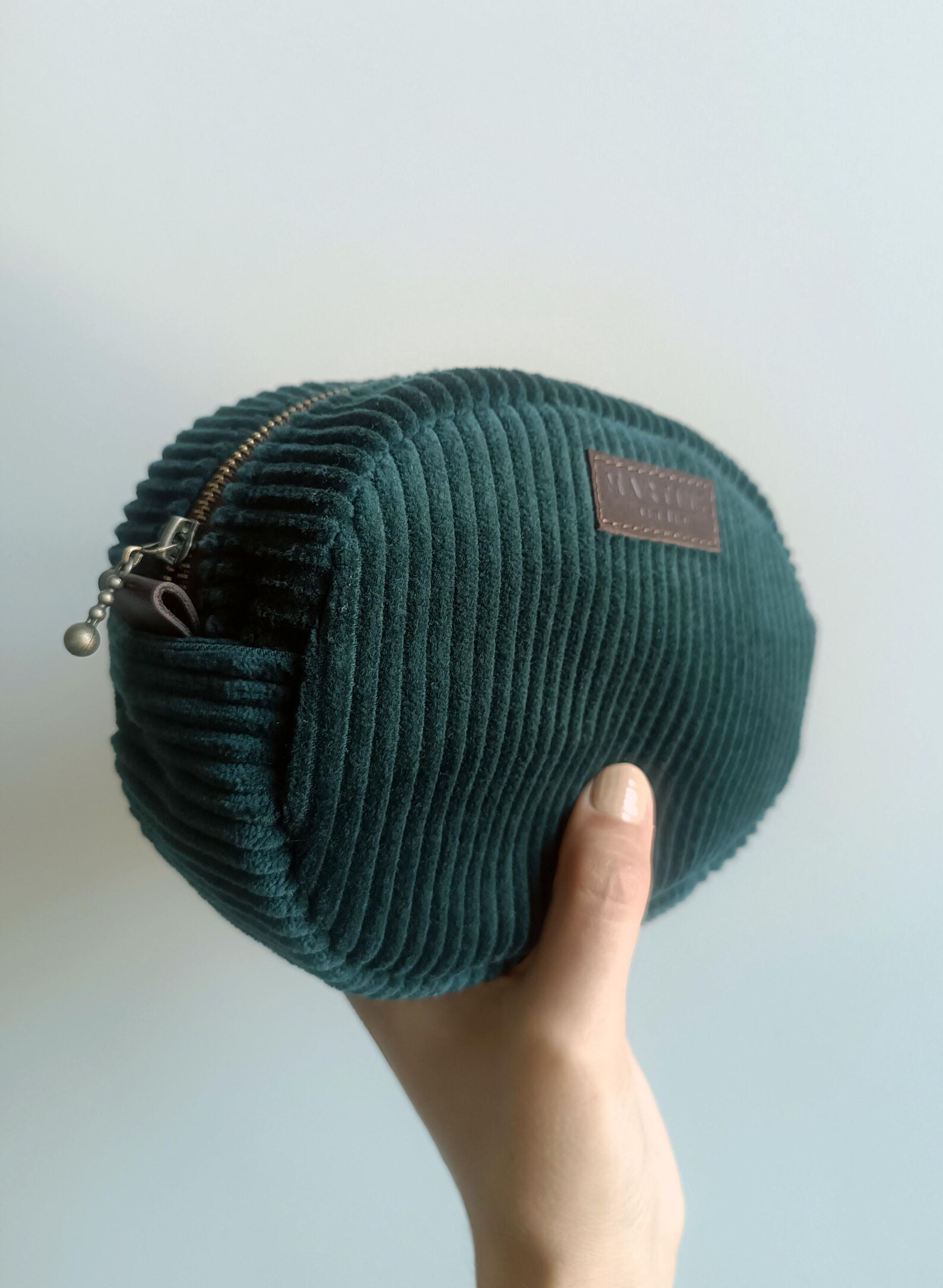 Round Corduroy Makeup Bag, Emerald Green Pouch, Small Toiletry Purse ...